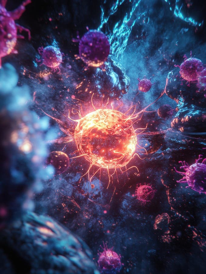 Glowing Cell Battling Menacing Viruses in a Vibrant Microscopic ...