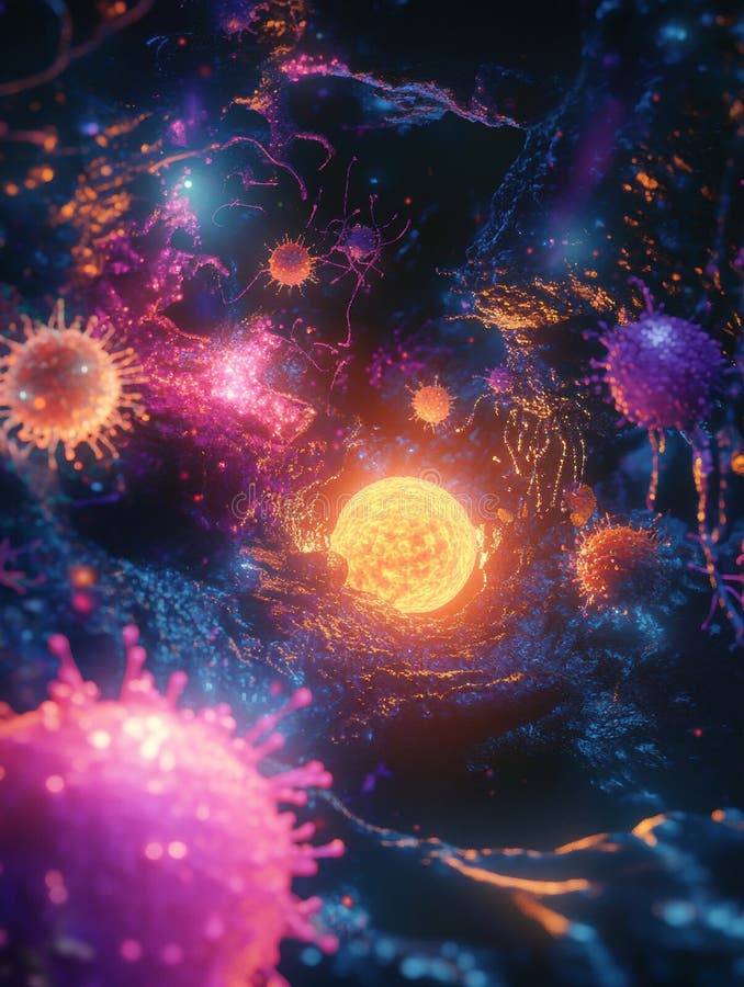 Glowing Cell Confronted by Menacing Viruses in a Vibrant Microscopic ...