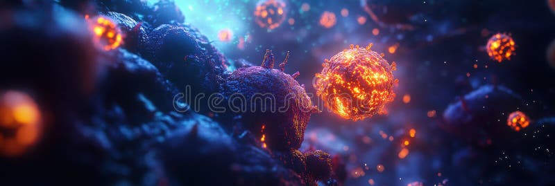 Glowing Cell Illuminated Amidst Numerous Menacing Viruses in a Dynamic ...