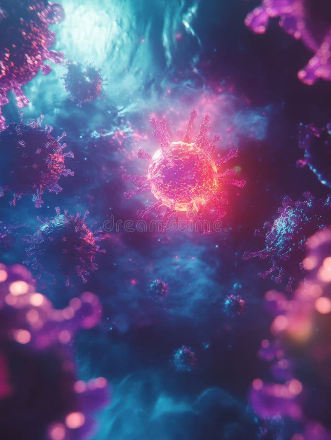 Cell Surrounded by Glowing Entities Representing Menacing Viruses in a ...