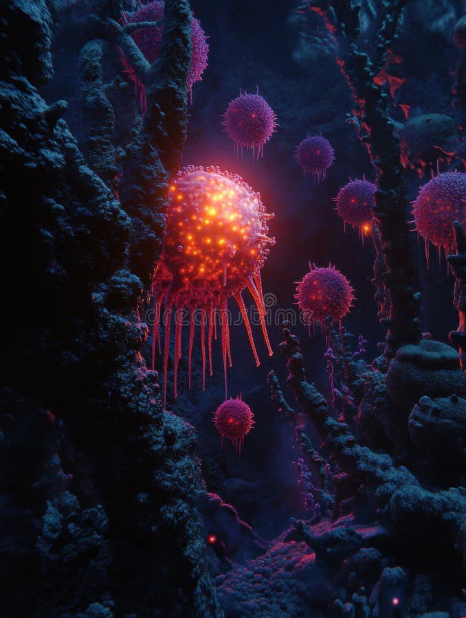 Glowing Cell Surrounded by Menacing Viruses in a Dark, Mysterious ...