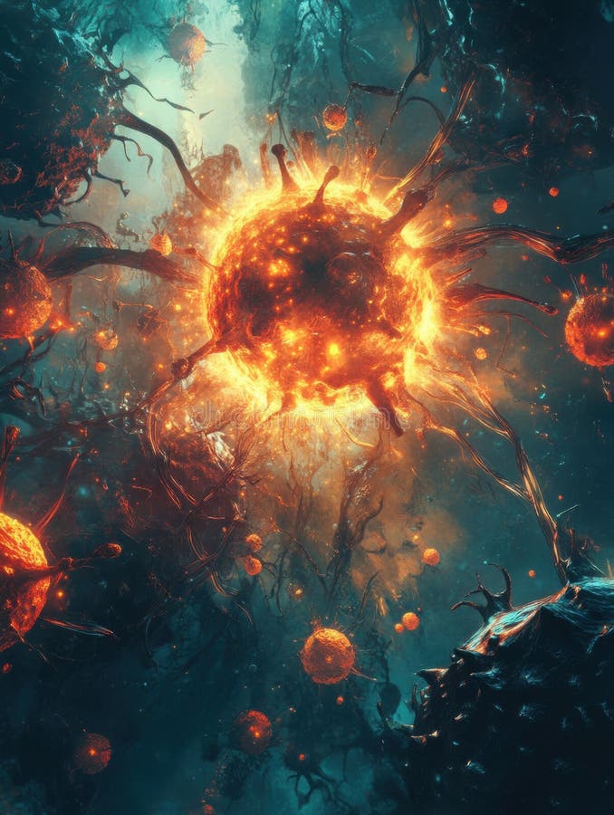 Glowing Cell Surrounded by Menacing Viruses in a Dark, Surreal ...