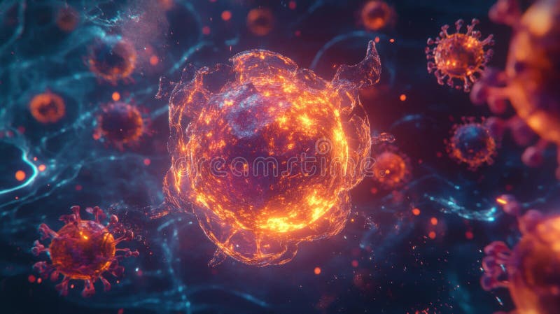 Glowing Cell Surrounded by Menacing Viruses in a Dark, Vibrant ...