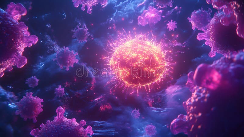 Glowing Cell Surrounded by Menacing Viruses in a Vibrant Microscopic ...