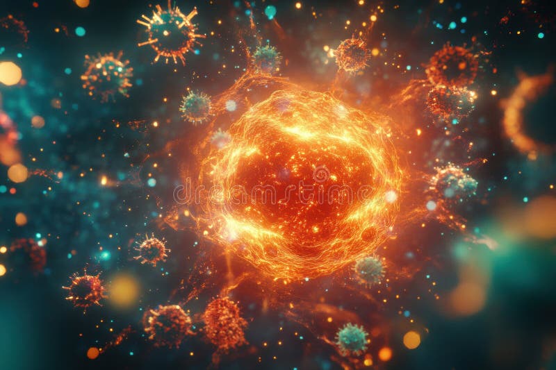 Glowing Cell Surrounded by Multiple Menacing Viruses in a Dramatic ...