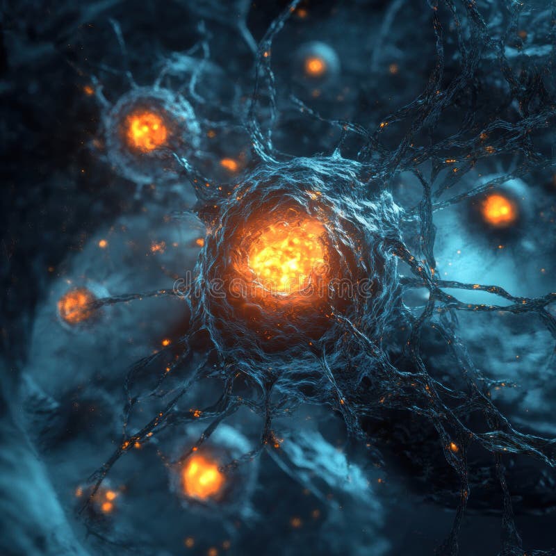 Glowing Cell Surrounded by Numerous Menacing Viruses in a Dark ...