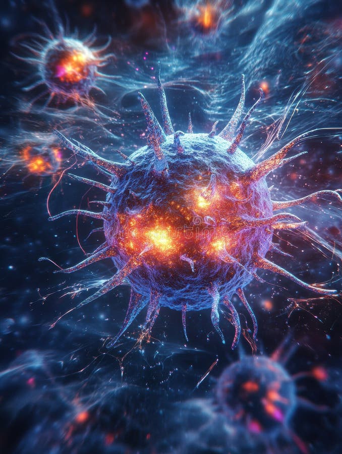 Glowing Cell Under Attack by Menacing Viruses in a Mysterious, Vibrant ...