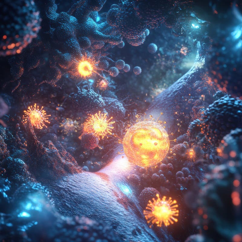 Glowing Cell Under Attack by Menacing Viruses in Vibrant Microscopic ...