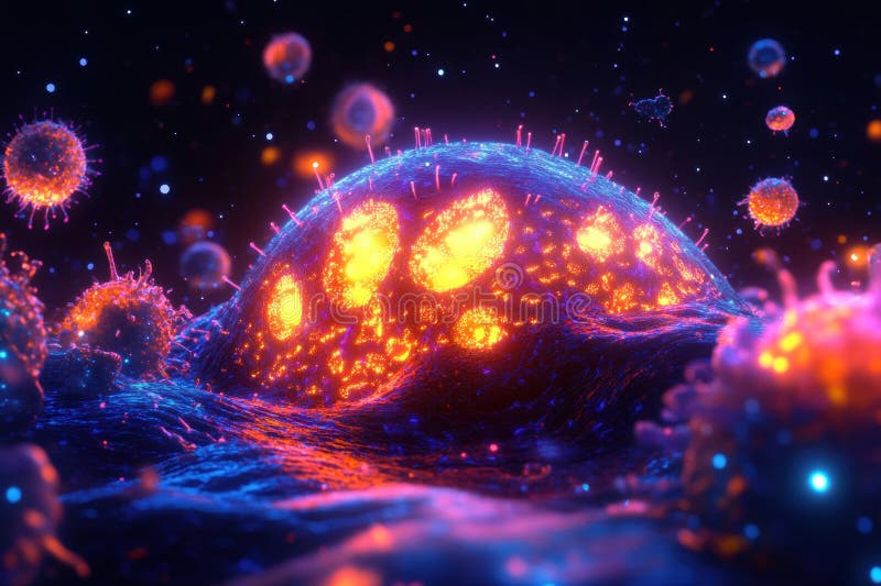 Glowing Cell Under Attack from Menacing Viruses in a Vivid Microscopic ...