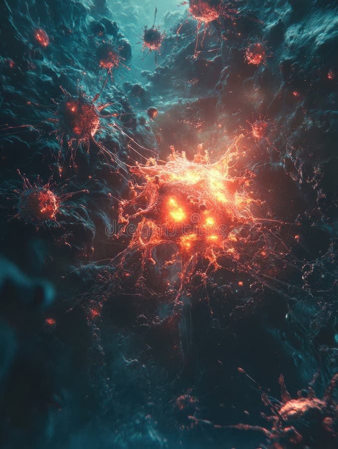 Glowing Cell Under Attack by Numerous Menacing Viruses in a Dark ...