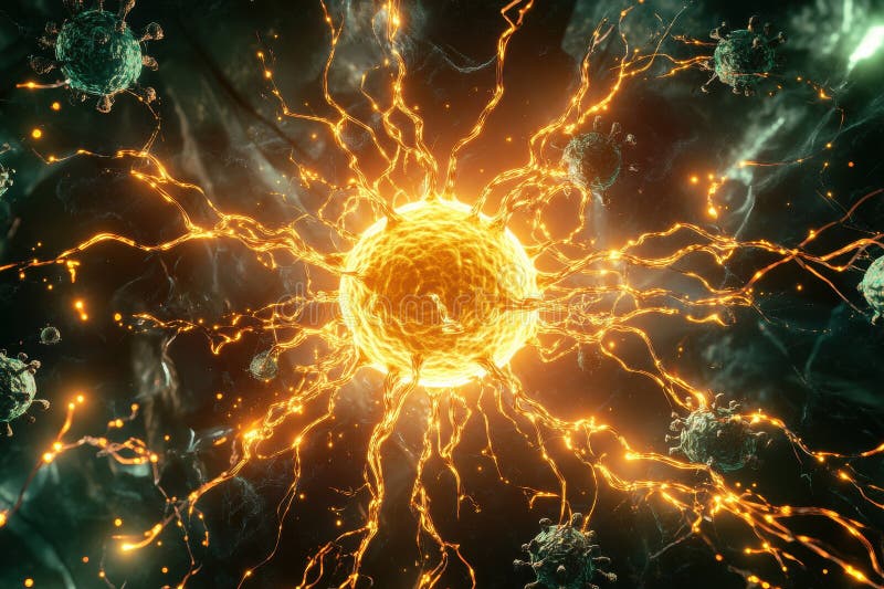 Glowing Cell Under Attack from Numerous Menacing Viruses at the ...