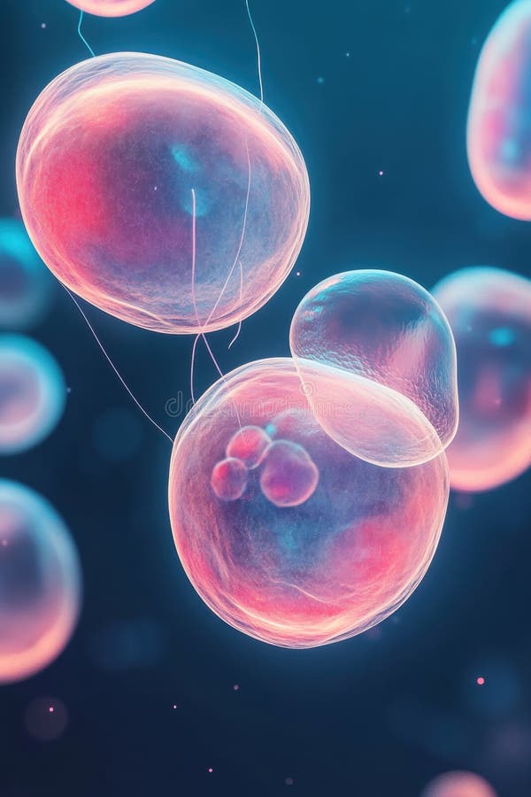 Glowing Cells Float in Dark Fluid. Translucent Spheres with Pink and ...