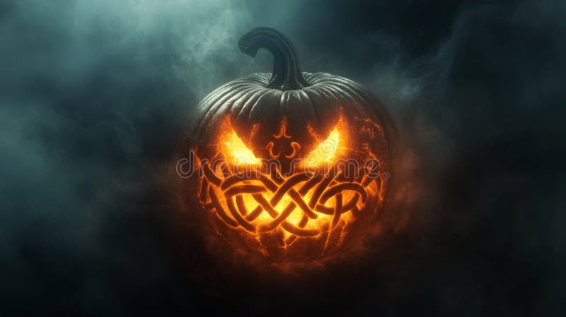 Glowing Celtic Knot Pumpkin Jack-o -lantern in Smoke Stock Illustration ...