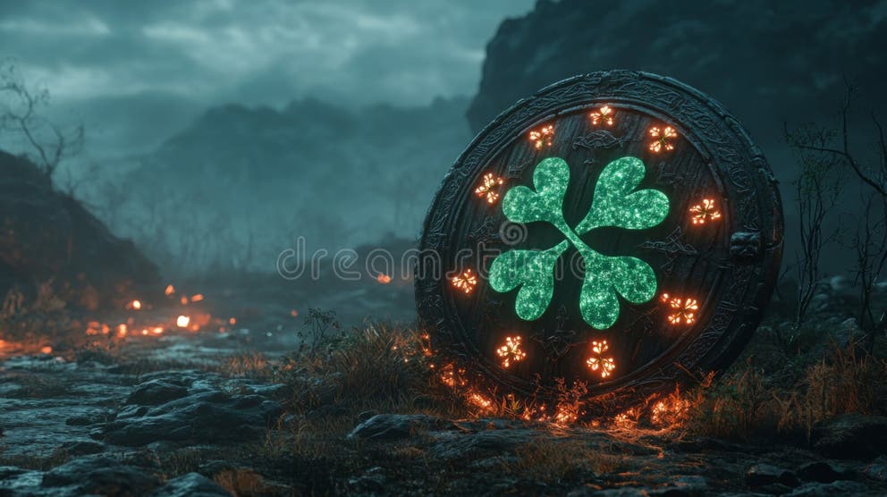 Glowing Celtic Knotwork Shield in Dark Landscape Stock Illustration ...