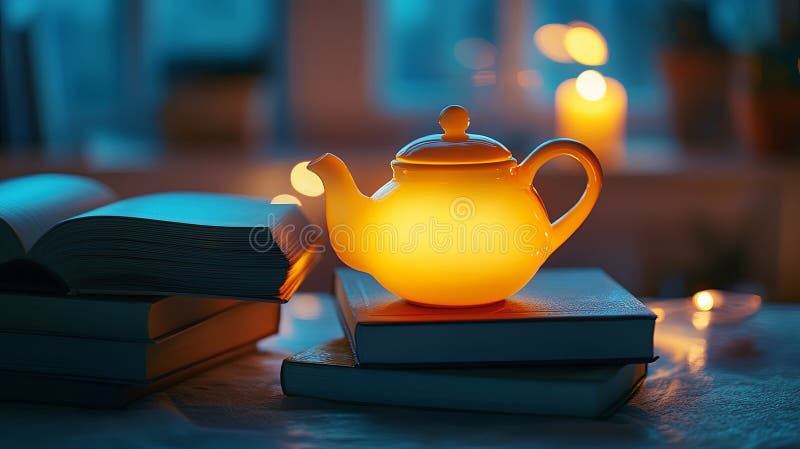 A Glowing Ceramic Teapot Styled beside a Stack of Books for Tea-tasting ...