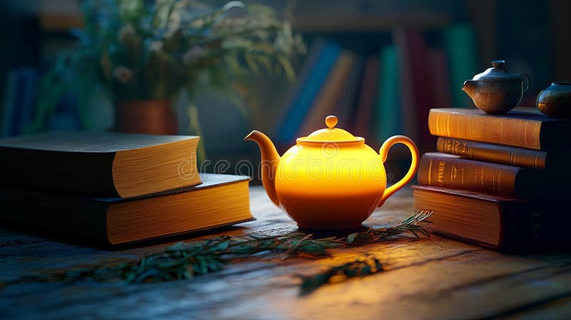 A Glowing Ceramic Teapot Styled beside a Stack of Books for Tea-tasting ...