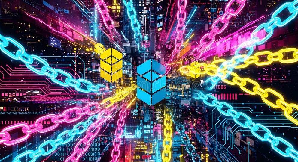 Glowing Chains Intertwined with Digital Hexagons and Abstract Electronic Circuits Stock ...