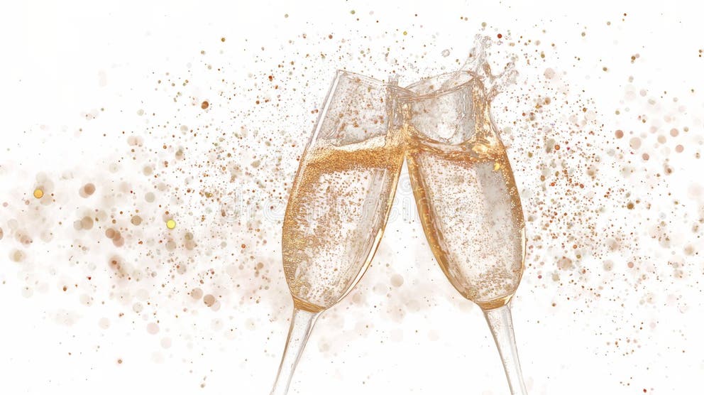 Glowing Champagne Flutes Clink with Explosive Glitter Splash Stock ...