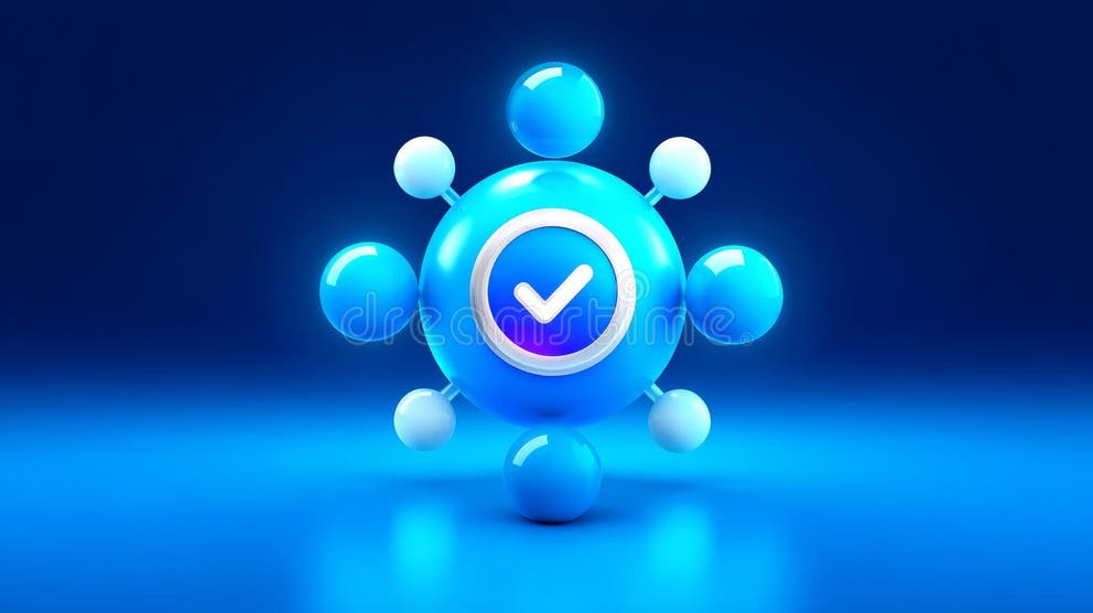 Glowing Check Mark Inside Central Sphere Connected To Smaller Orbs ...