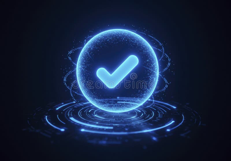 Glowing Check Mark Inside Sphere with Futuristic Technology Effects ...