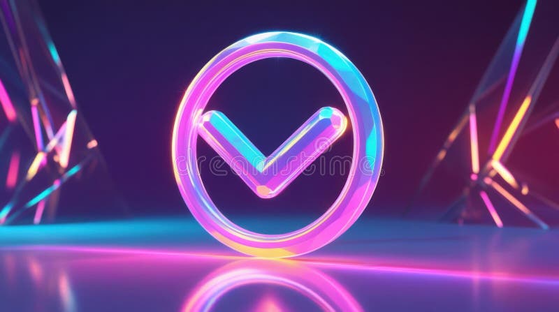 Glowing Check Mark Symbol in Circle with Neon Light and Reflection ...