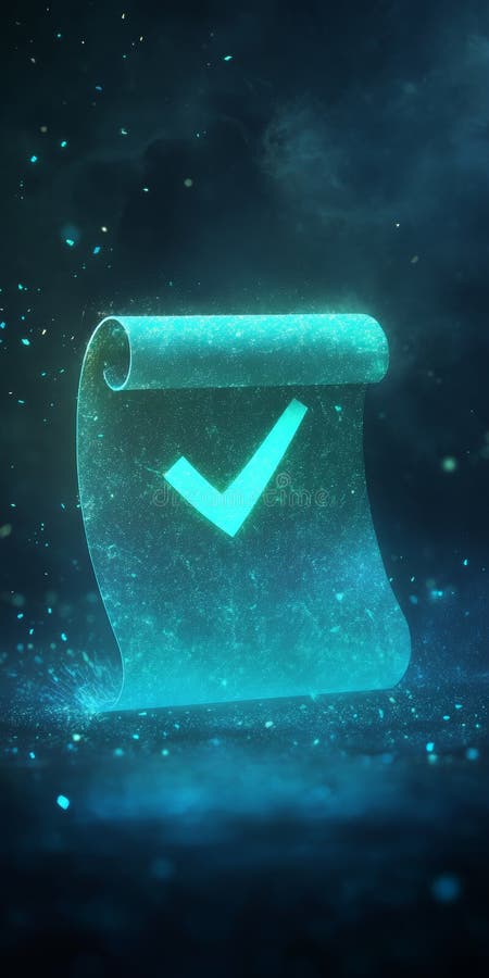 Glowing Check Mark on Transparent Scroll with Mystical Background Stock ...