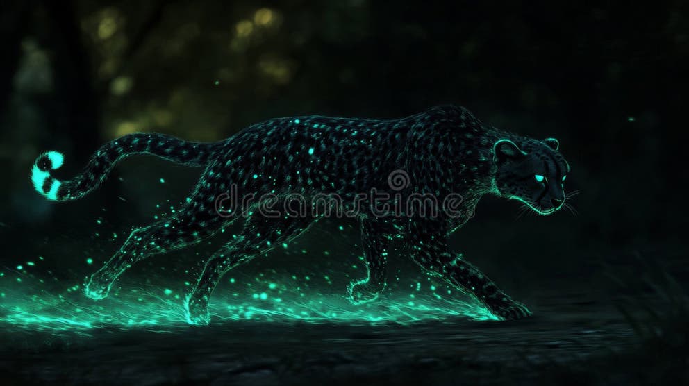 Glowing Cheetah Running through Dark Forest at Night Stock Illustration ...