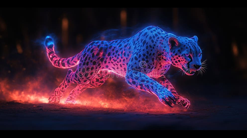 Glowing Cheetah Running through Fire, Digital Art Stock Illustration ...