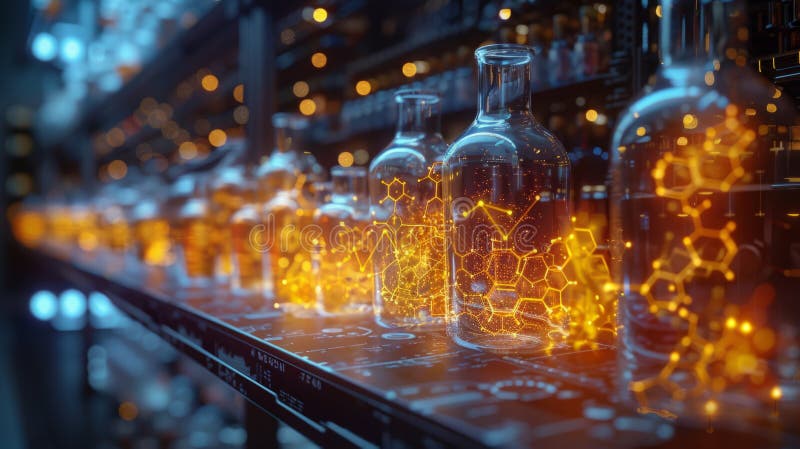 Glowing Chemical Molecules in Glass Flasks on a Laboratory Shelf Stock ...