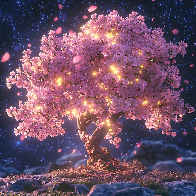 A Glowing Cherry Blossom Tree Under a Starry Sky Stock Illustration ...