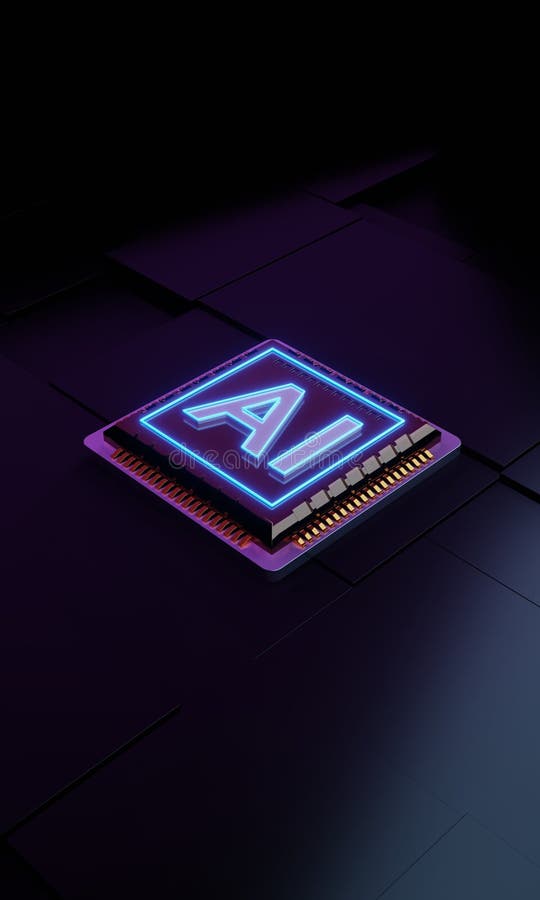 Glowing Chip with Blue Neon Light Sign 3d Render Stock Illustration ...