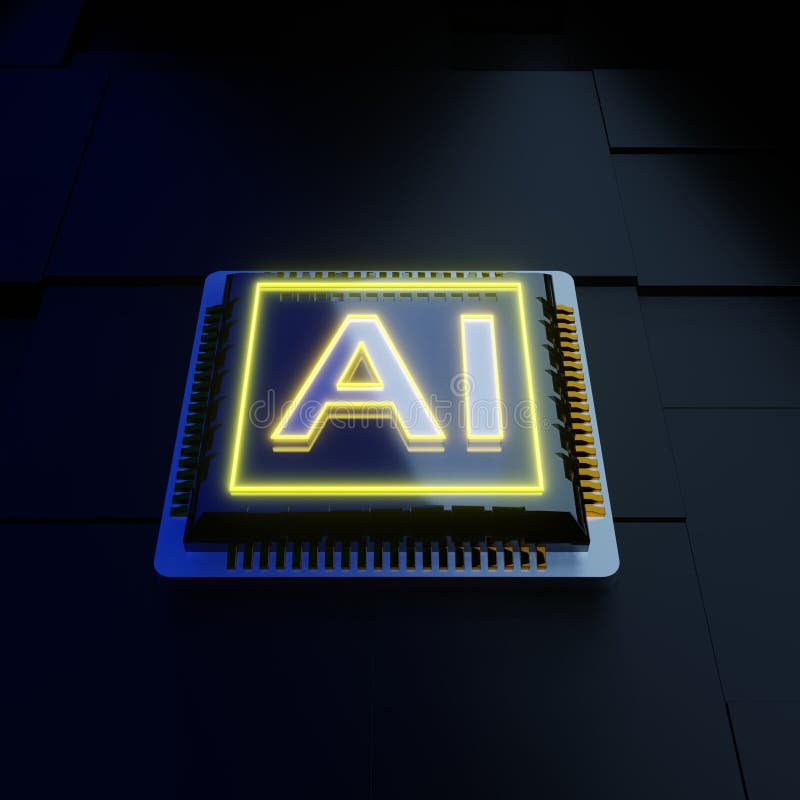 Glowing Chip with Yellow Neon Light Sign 3d Render Stock Illustration ...