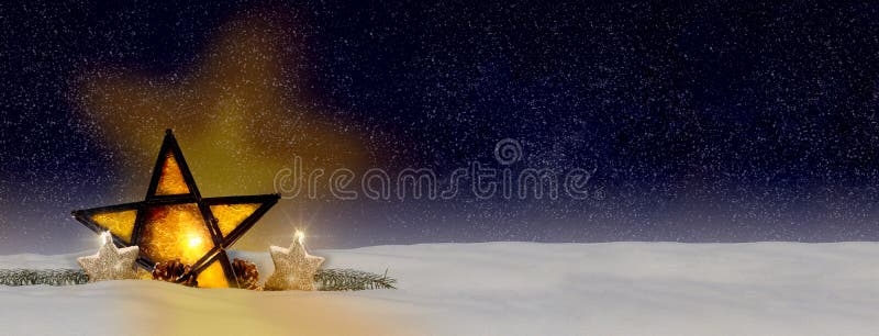 Glowing Christmas Star by Night with Snow Stock Photo - Image of quiet ...