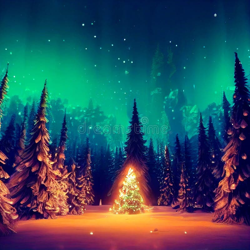 A Glowing Christmas Tree in the Night Forest in the North Stock ...