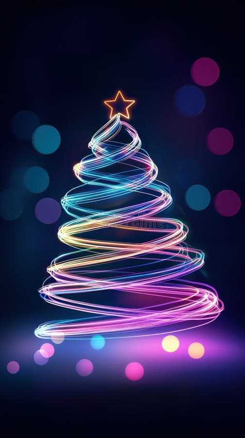 Glowing Christmas Tree Silhouette with Colorful Lights and Star Stock ...