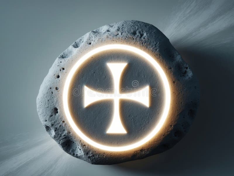 Glowing Circle and Cross Symbol Carved into Rough Stone Stock Photo ...