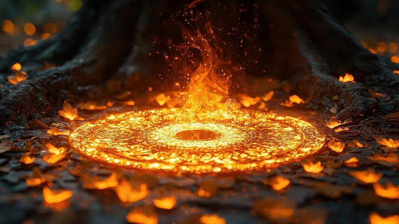 Glowing Circle of Fire in a Forest with Fallen Leaves and Intricate ...