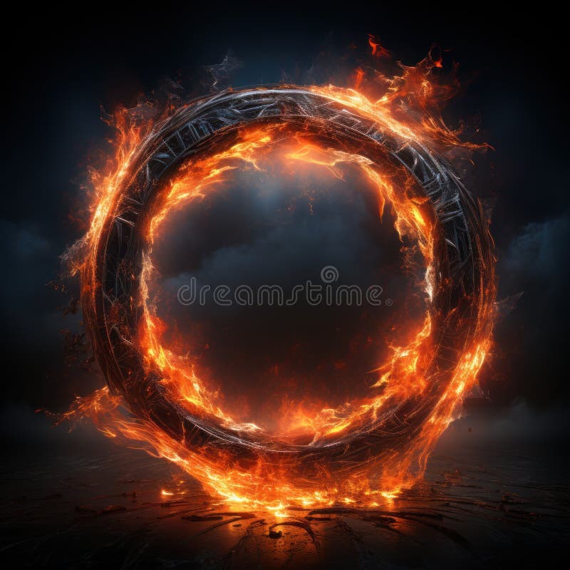 Glowing Circle of Flame and Neon Light on Black Background Stock ...
