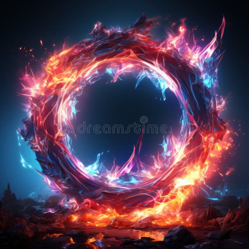 Glowing Circle of Flame and Neon Light on Black Background Stock ...