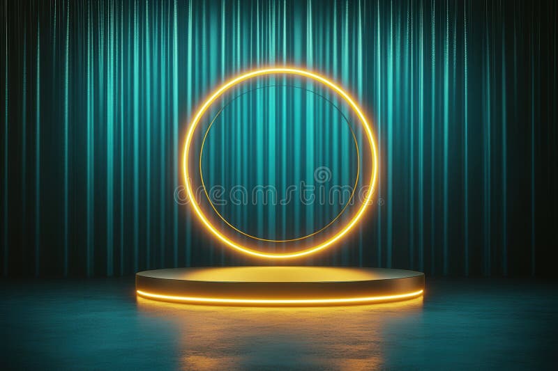 Glowing Circle Stage with Teal Curtain Background. Stock Illustration ...