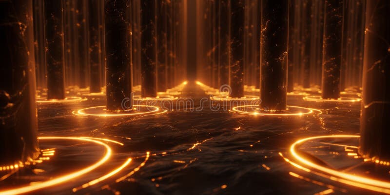 Glowing Circles of Light Surround Tall Pillars in a Dark, Abstract ...