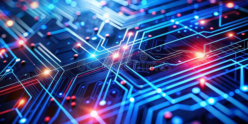 Glowing Circuit Board Blue and Red Network Topology Stock Illustration ...