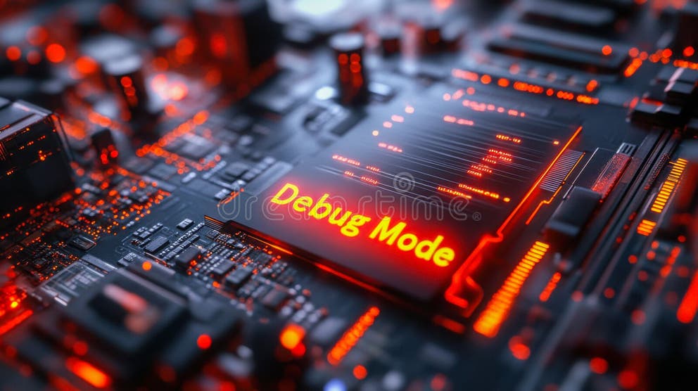Glowing Circuit Board with Debug Mode Alert in Technology Concept Stock ...