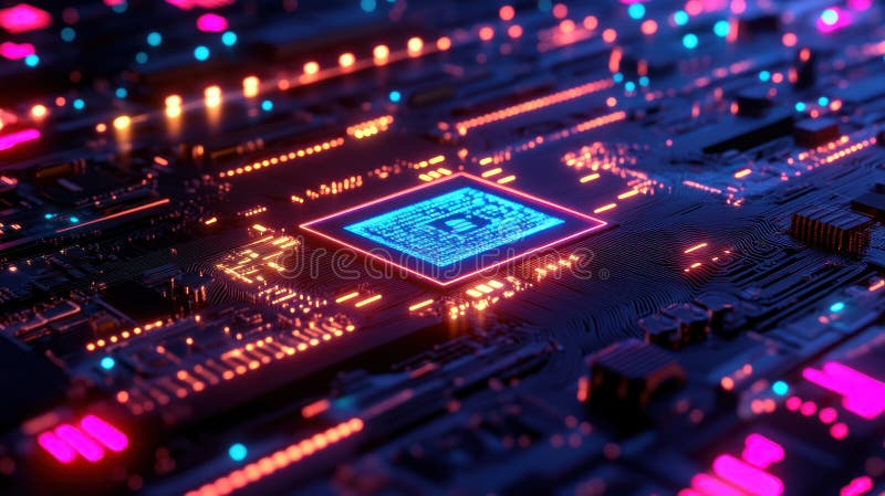 Glowing Circuit Board with Microchip Central Processing Unit in Neon ...