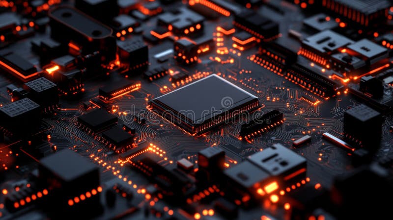 Glowing Circuit Board with Microchip and Orange Led Lights on Dark ...