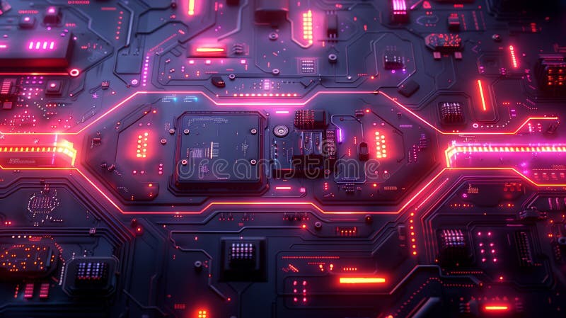 Glowing Circuit Board at Night with Pink Neon Lights and Complex ...