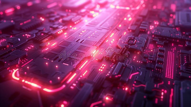 Glowing Circuit Board at Night with Pink Neon Lights and Complex ...