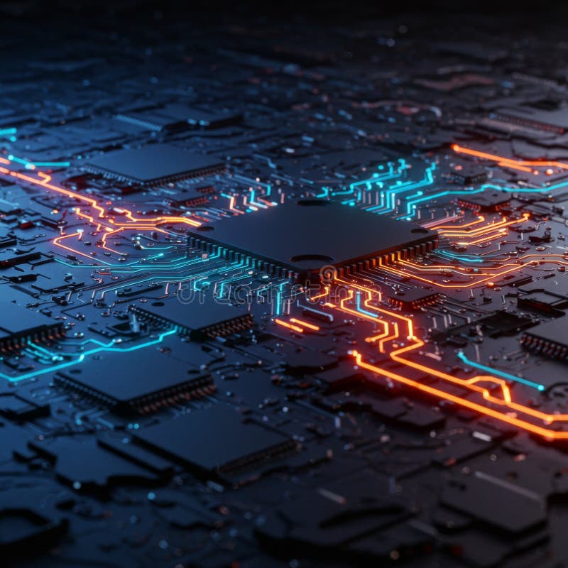 Glowing Circuit Board with Orange and Blue Lines Stock Illustration - Illustration of electric ...