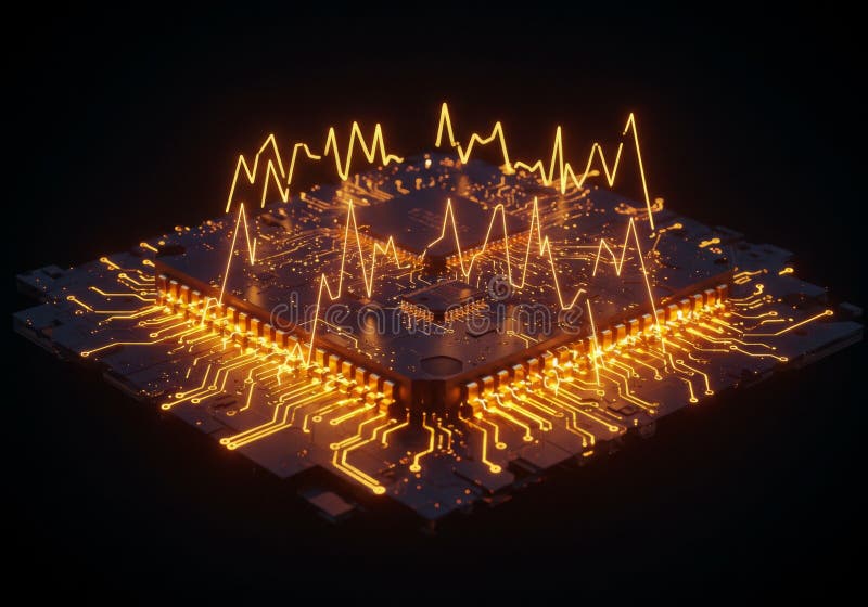 Glowing Circuit Board with Orange Energy Lines Stock Illustration ...