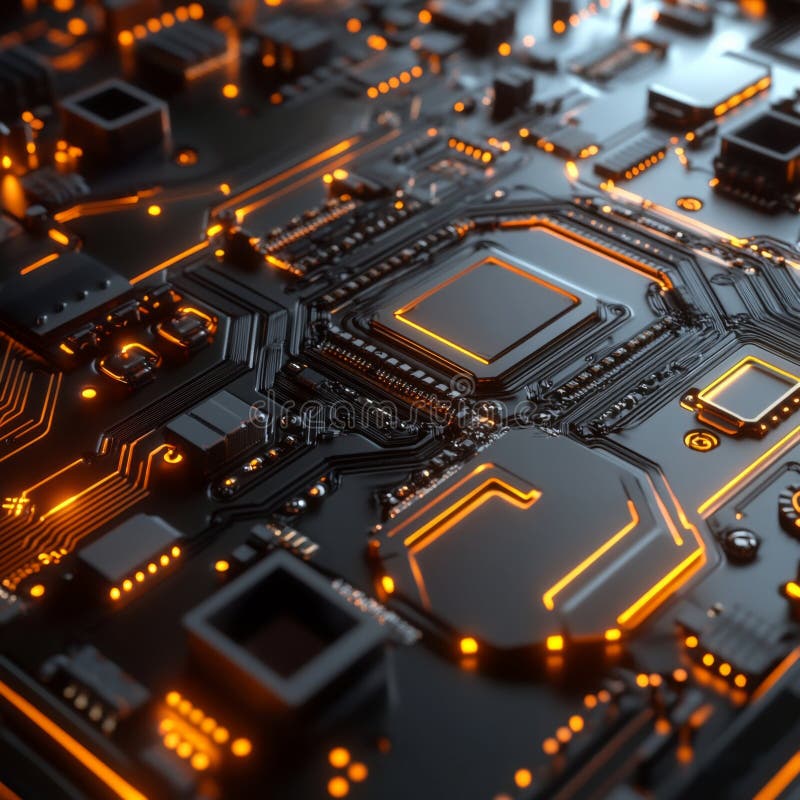 Glowing Circuit Board with Orange Led Lights and Electronic Components ...